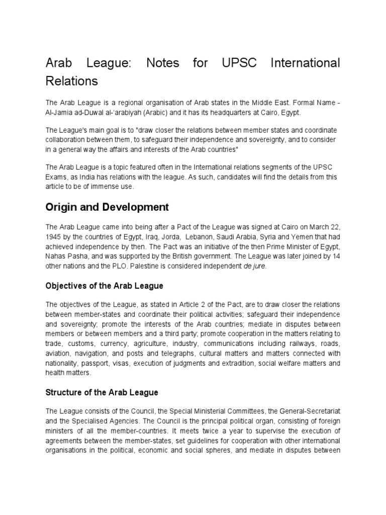 Arab League - Notes For UPSC International Relations | PDF | Arab ...