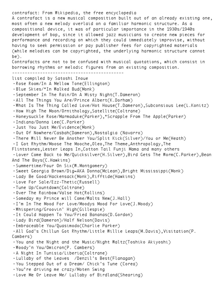List of Jazz Contrafact | PDF | Jazz | Music Of The African Diaspora