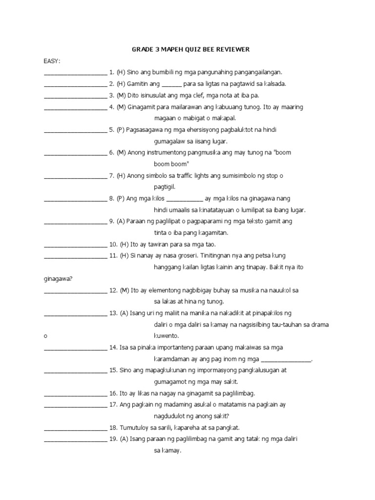 Gr3 MAPEH Quiz Bee | PDF