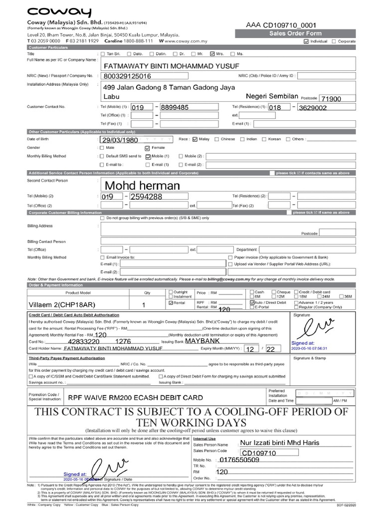 Coway-Sales-Order-Form - 2020-05-16 07-56-31 - FATMAWATY-BINTI-MOHAMMAD-YUSUF | PDF