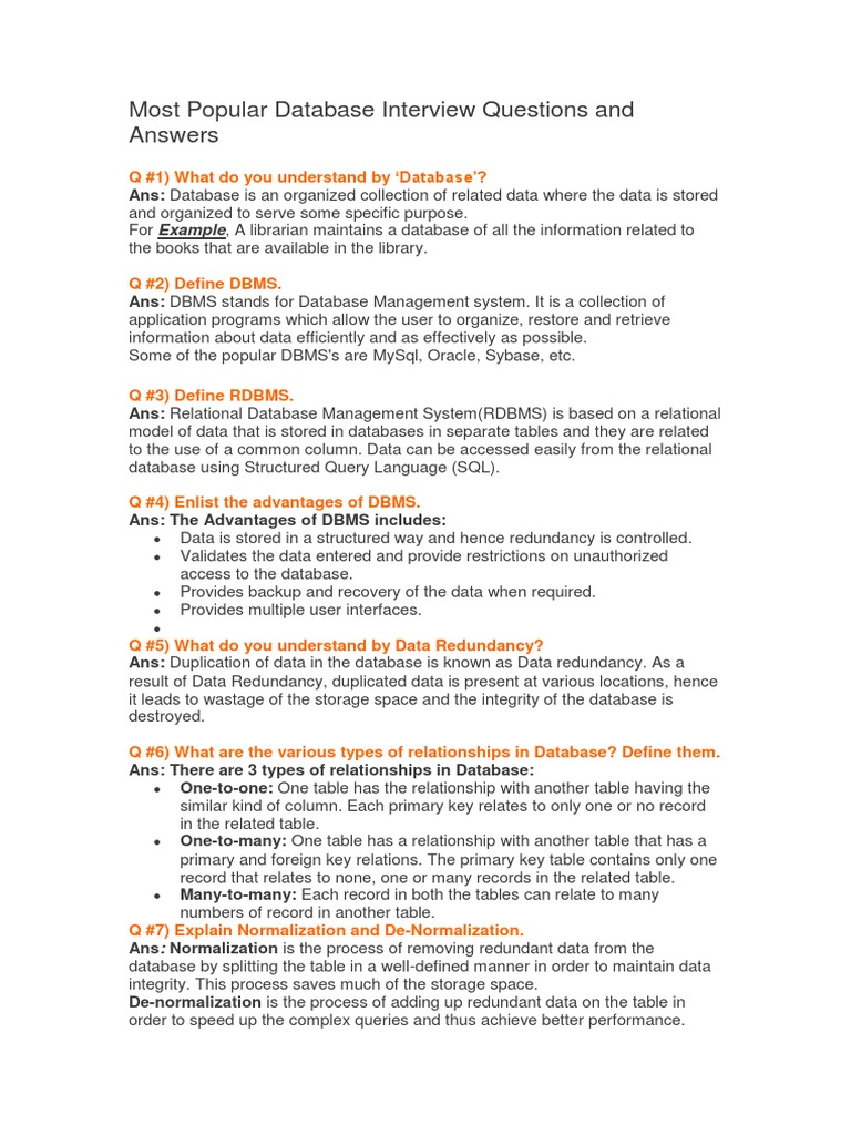 Most Popular Database Interview Questions and Answers | PDF ...