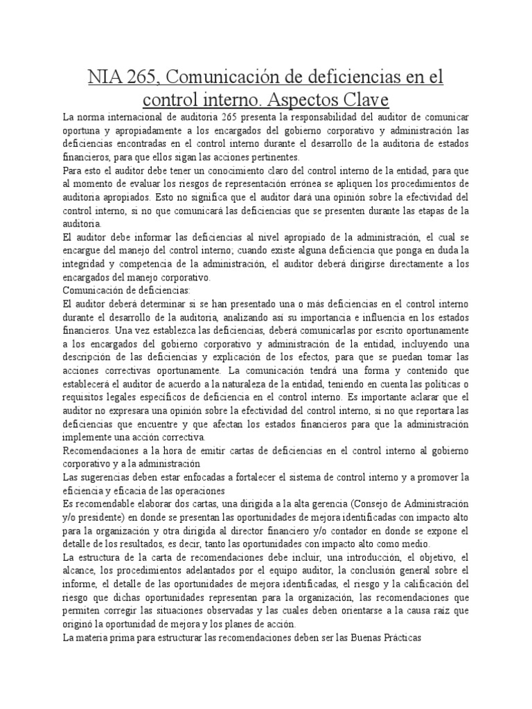 Nia 265 | PDF | Auditoría | Contralor