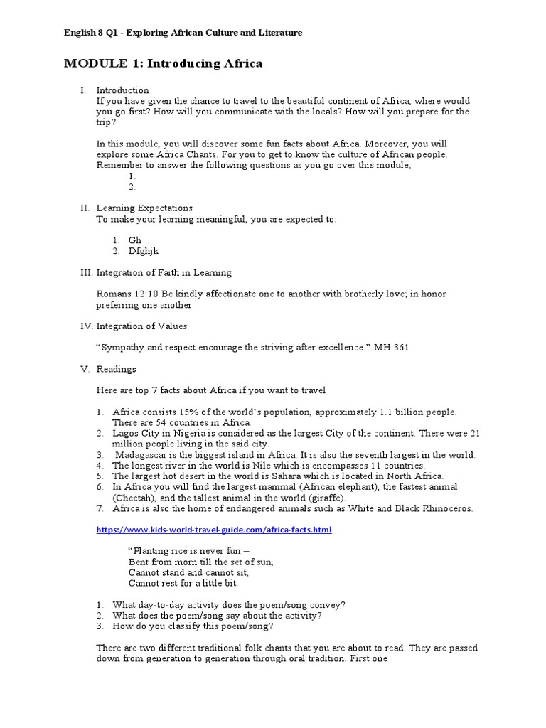 MODULE 1: Introducing Africa: English 8 Q1 - Exploring African Culture ...