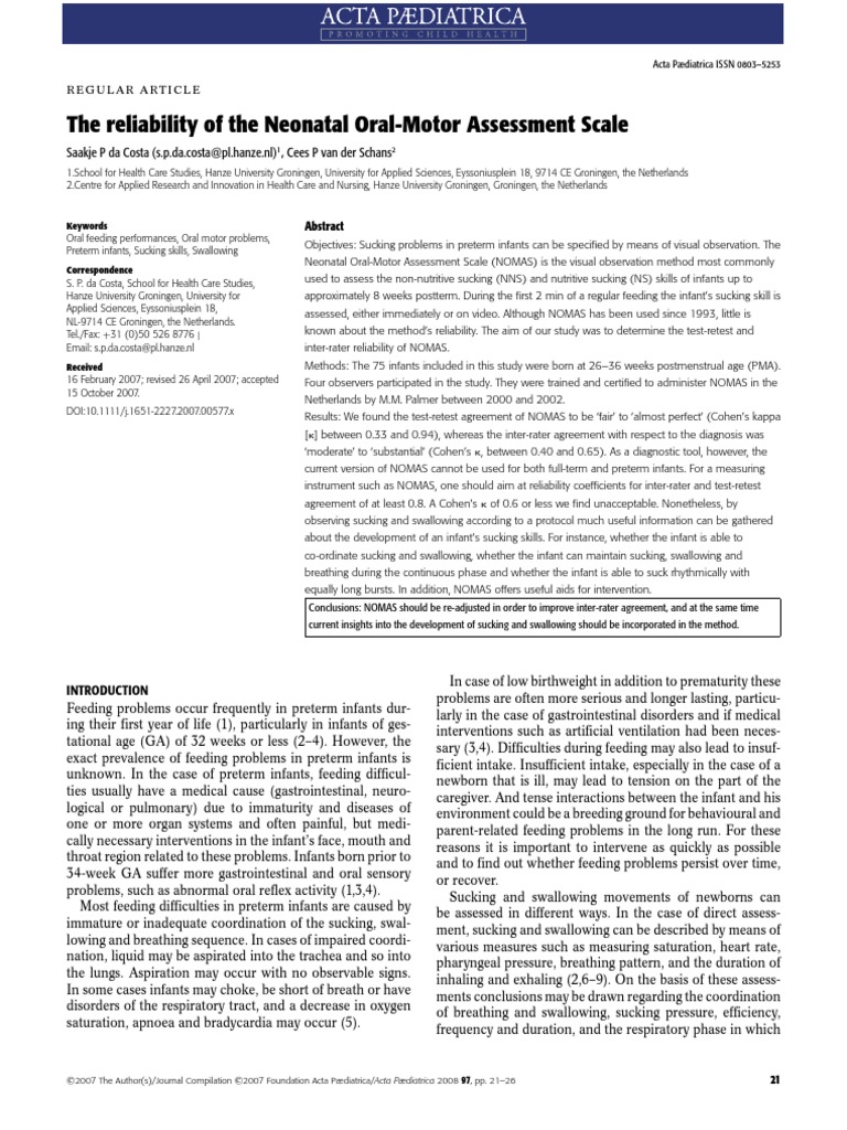 The Reliability of The Neonatal Oral-Motor Assessment Scale: Keywords ...