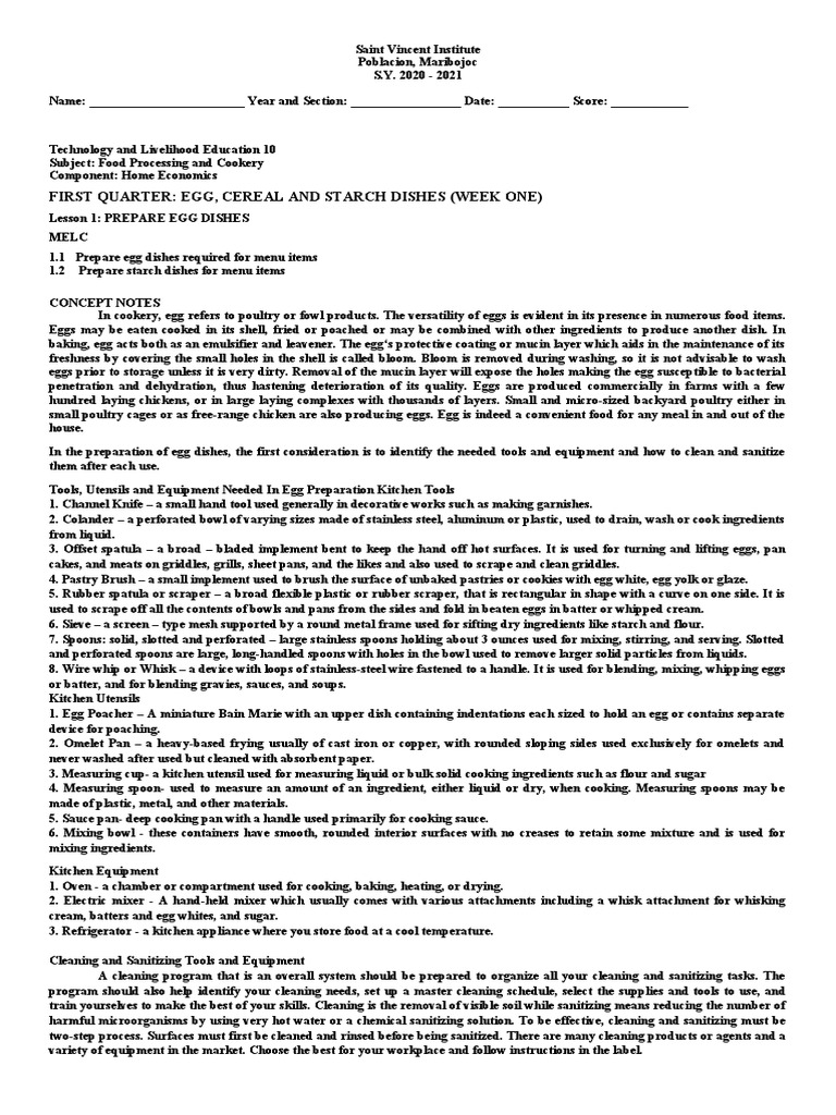 TLE Grade 10 Module | PDF | Dishwasher | Egg As Food