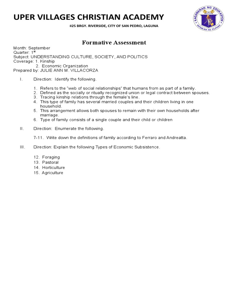 Formative Assessment For Sept. - Oct | PDF | Socialization | Family