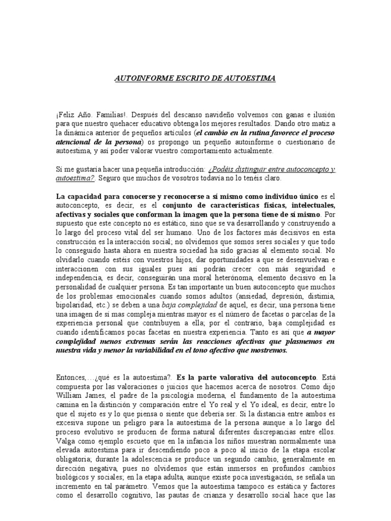 Autoinforme Escrito de Autoestima | PDF | Adultos | Ciencia cognitiva