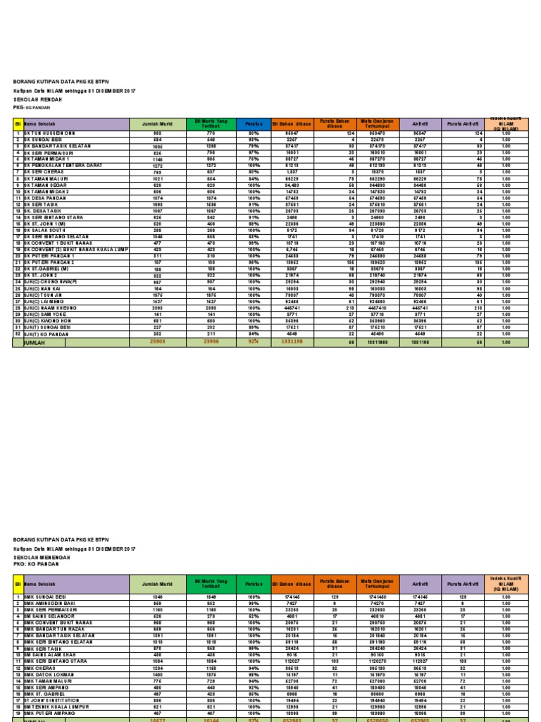 PKG KE BTPN - Borang Rumusan Kutipan Data NILAM 2017 | PDF