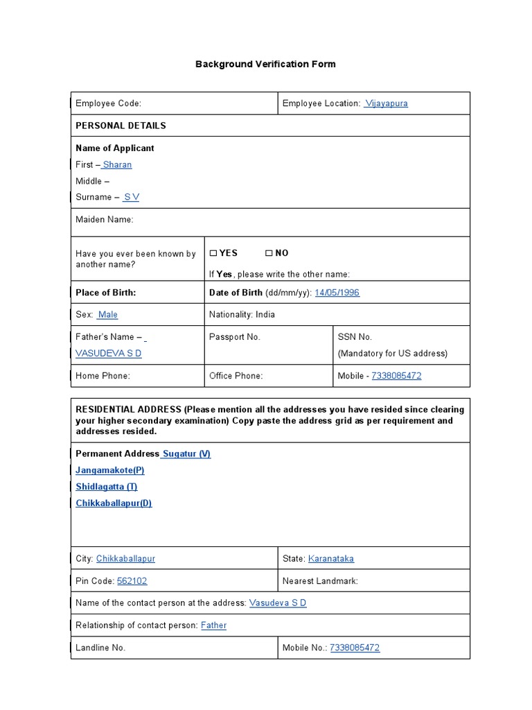 Vijayapura: Background Verification Form | PDF | Telephone Number ...