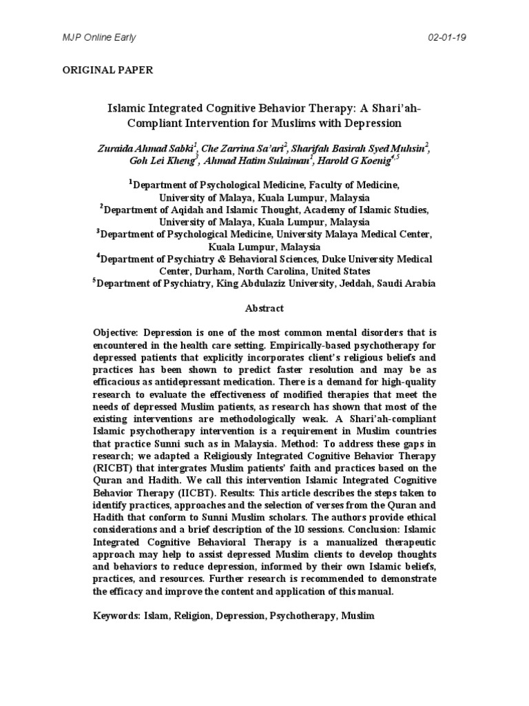Islamic Integrated Cognitive Behavior Therapy: A Shari'ah-Compliant ...