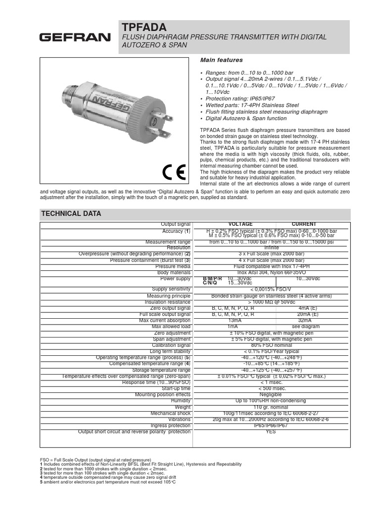 Tpfada: Flush Diaphragm Pressure Transmitter With Digital Autozero ...