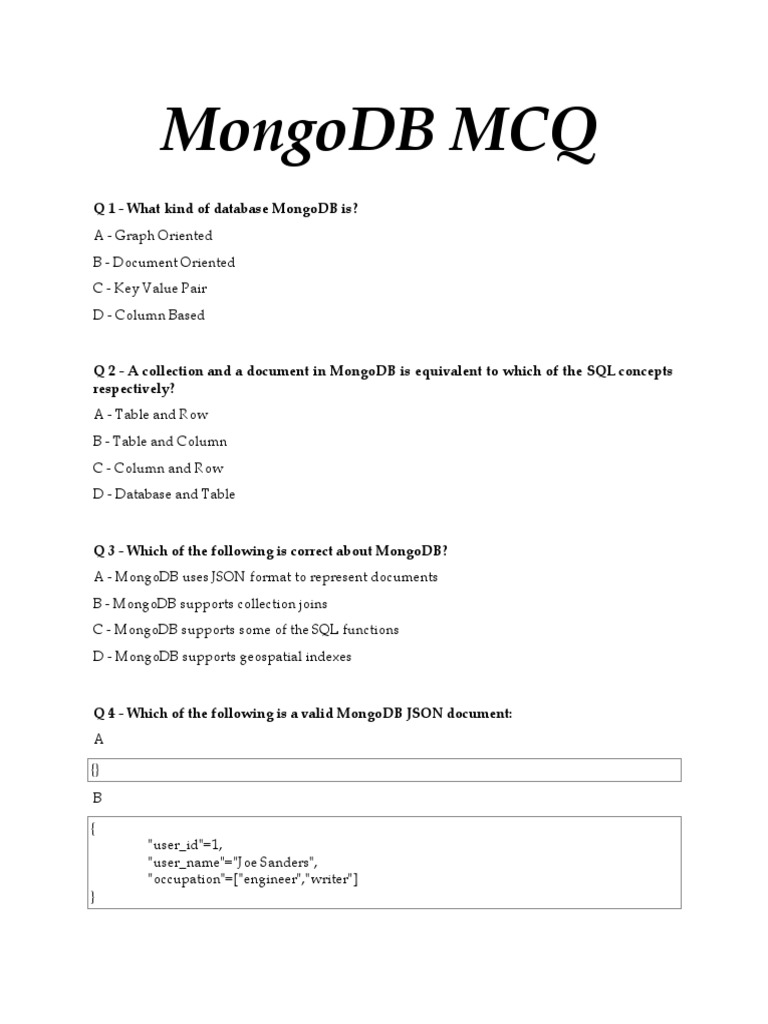 MongoDB MCQ | PDF | Mongo Db | Array Data Type