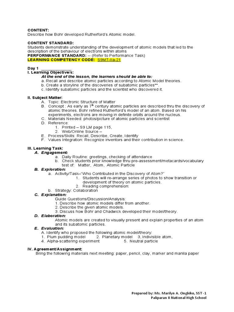 Grade 9 Science Chemistry 1 DLP | PDF | Ion | Atoms