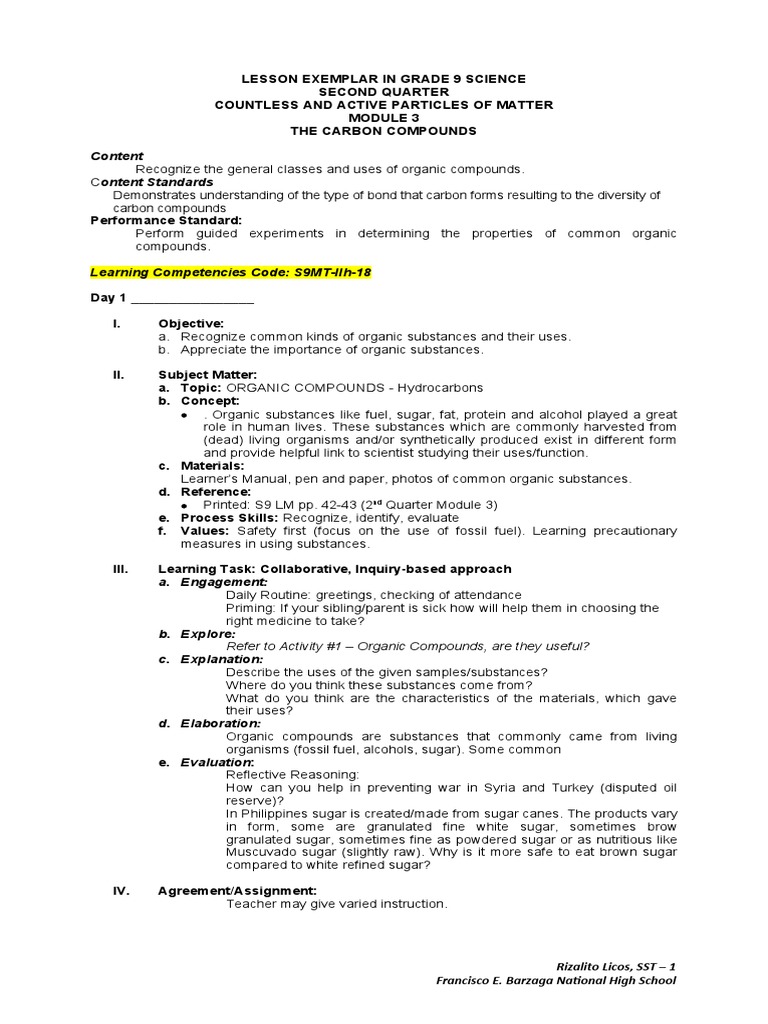 Grade 9 Science Chemistry 3 DLP | PDF | Mole (Unit) | Hydrocarbons