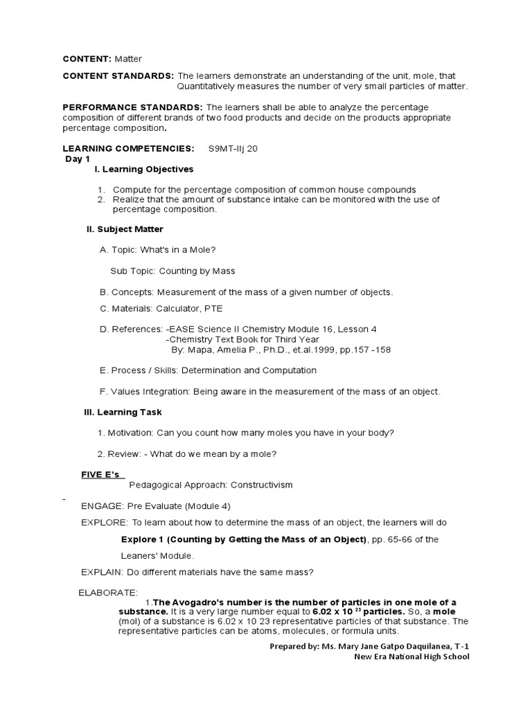 Grade 9 Science Chemistry 4 DLP | PDF | Mole (Unit) | Molecules