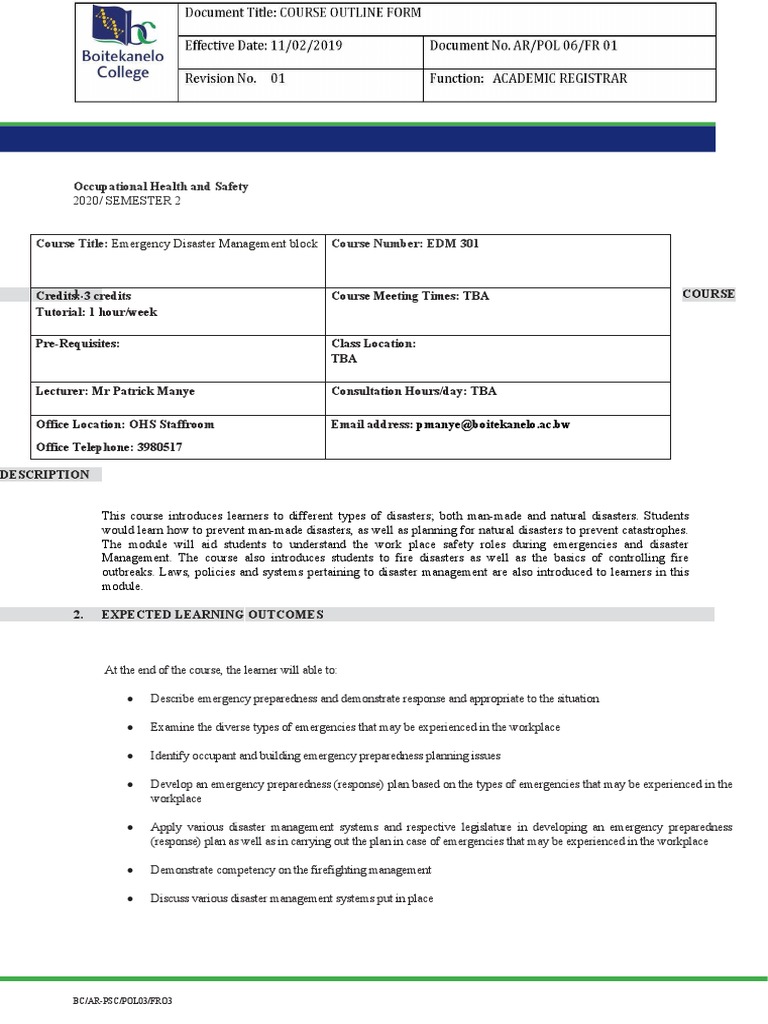 Course Outline - EDM301 | PDF | Emergency Management | Emergency