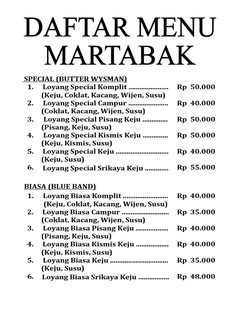 Daftar Menu Martabak | PDF
