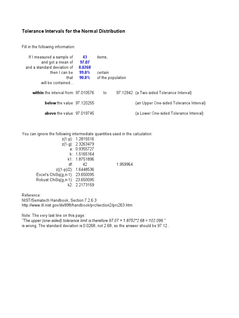 Tolerance Intervals For The Normal Distribution: Within The Interval From: Below The Value ...