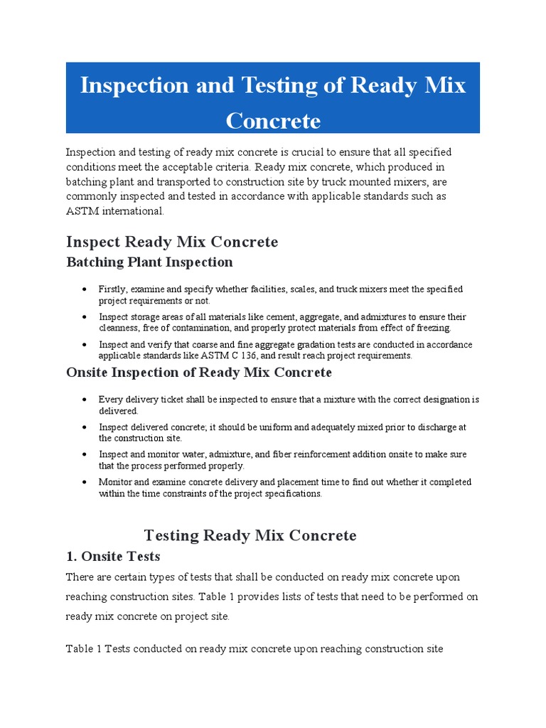 Inspection and Testing of Ready Mix Concrete | PDF | Concrete ...