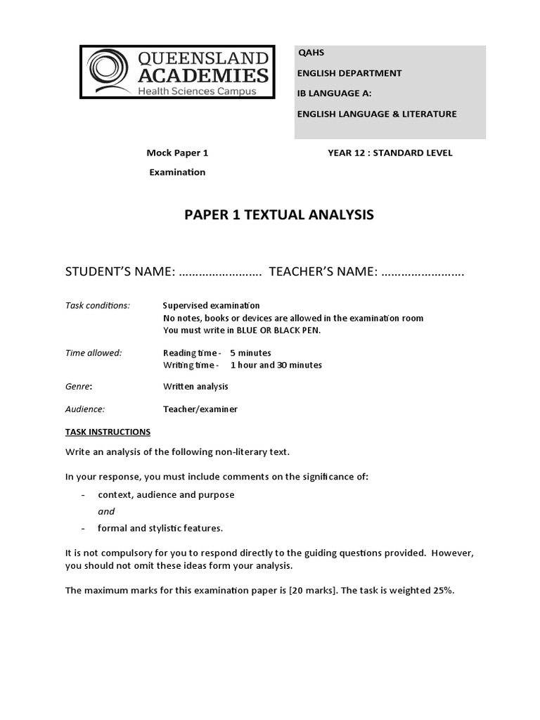 Paper 1 Textual Analysis: STUDENT'S NAME: . TEACHER'S NAME | PDF