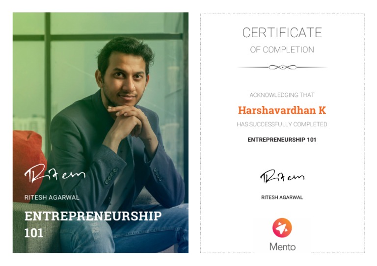 Entrepreneurship 101 Completion Certificate | PDF