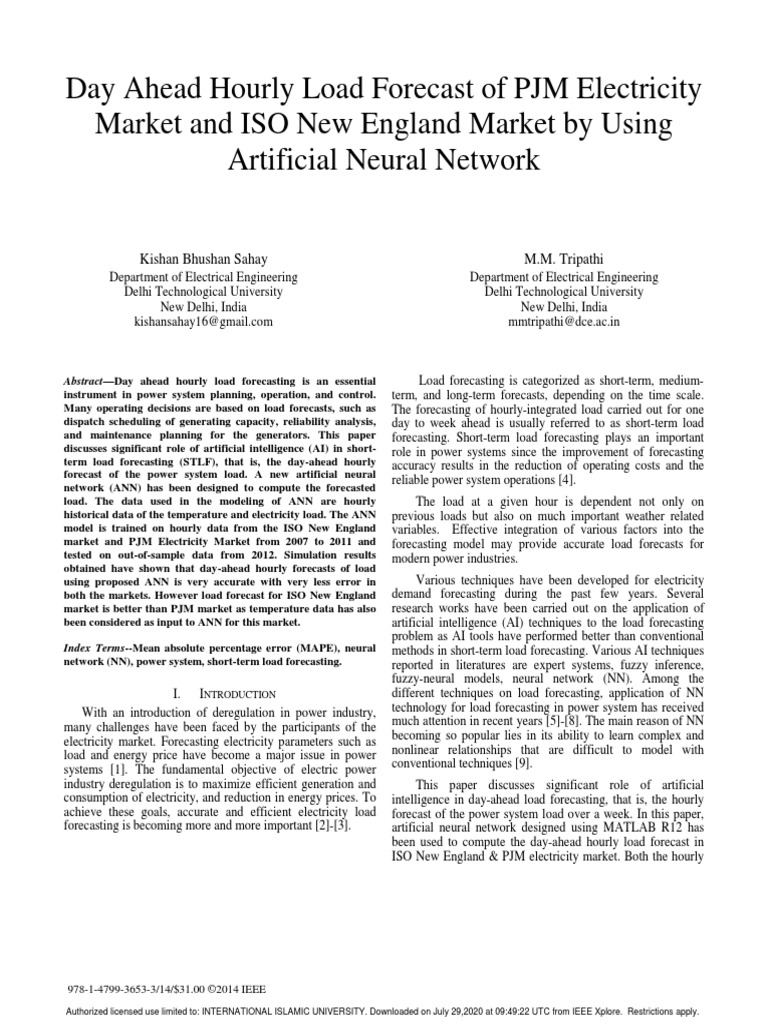 Day Ahead Hourly Load Forecast of PJM Electricity Market and ISO New England Market by Using ...