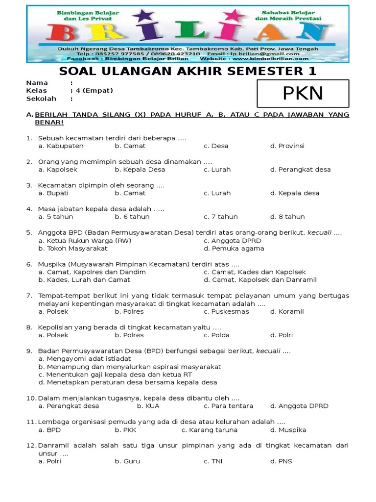 Soal UAS PKN Kelas 4 SD Semester 1 (Ganjil) Dan Kunci Jawaban PDF | PDF | Politik | Perjalanan