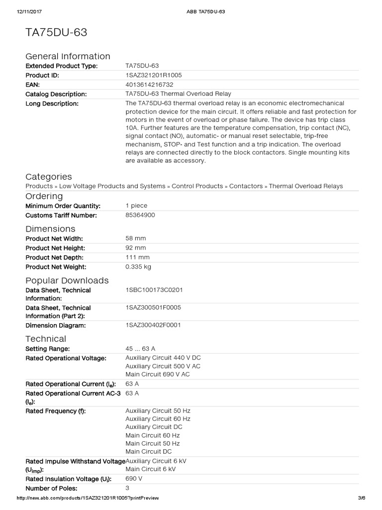 Abb Ta75du-63 | PDF | Relay | Electrical Engineering