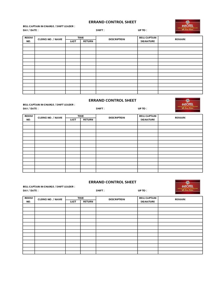 Errand Control Sheet Template | PDF