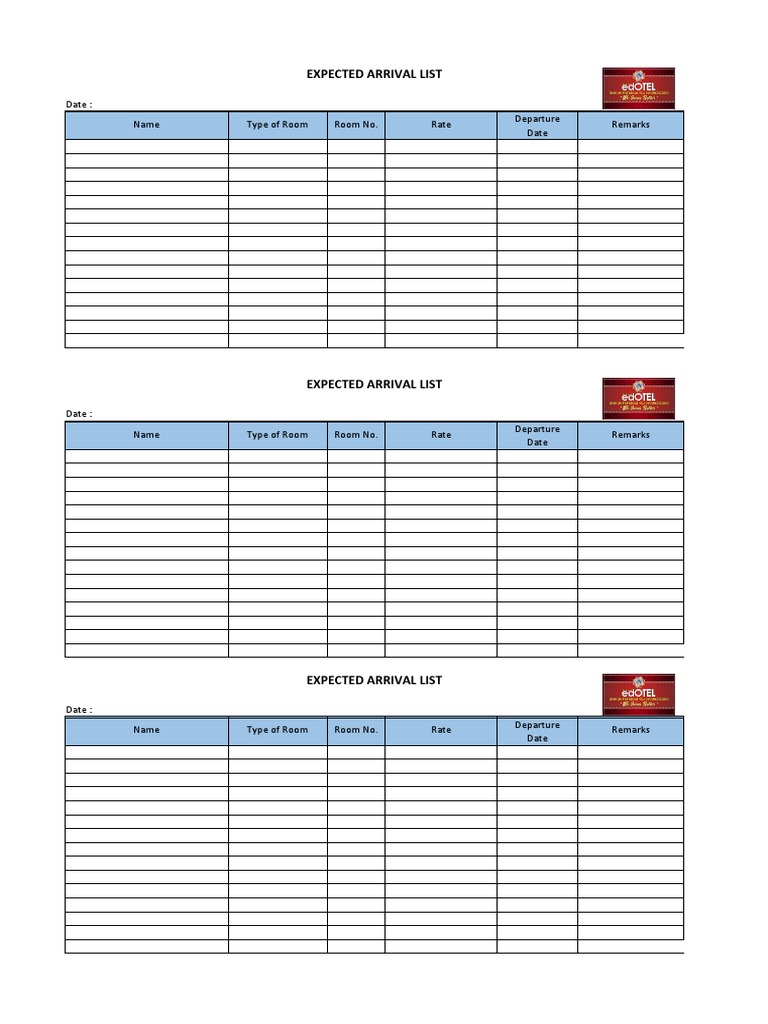 Expected Arrival List: Date: Name Type of Room Room No. Rate Departure Remarks Date | PDF