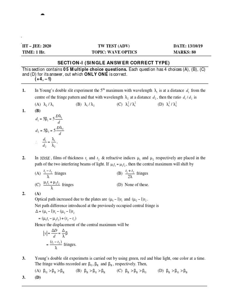 Wave Optics - ADVANCED SOLUTION | PDF | Wavelength | Coherence (Physics)