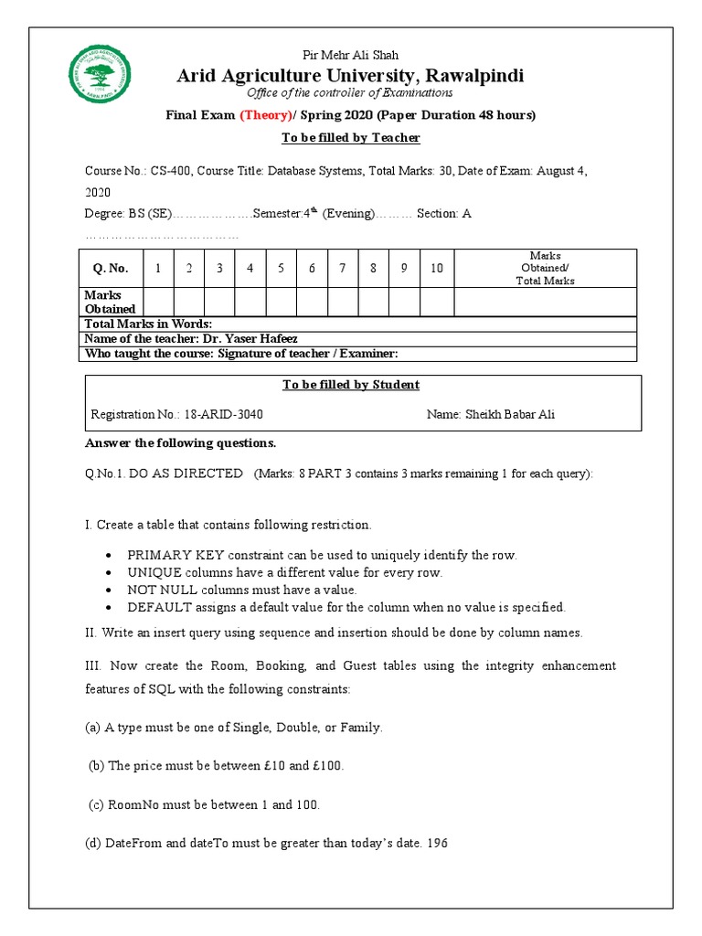 Database Systems Final Exam for BS (SE) Students | PDF | Identifier ...