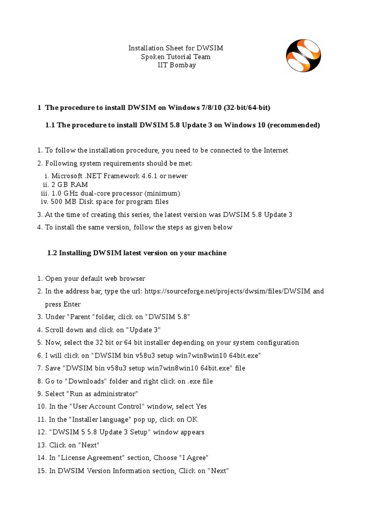 DWSIM Installation Sheet English PDF | PDF | 64 Bit Computing | Windows 10