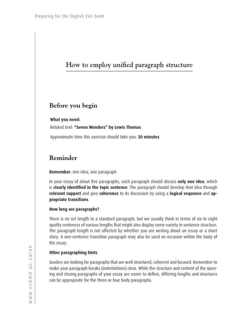 Exercise 1: How To Employ Unified Paragraph Structure | PDF | Paragraph ...