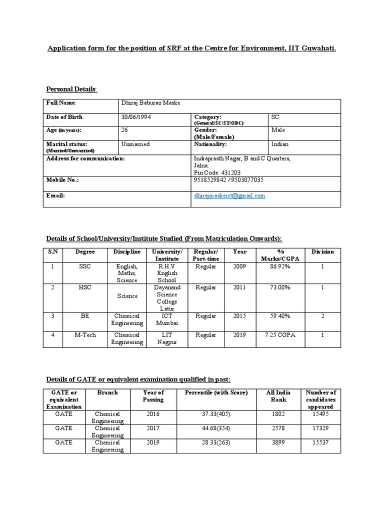 Application Form For The Post of SRF | PDF | Chemistry | Science
