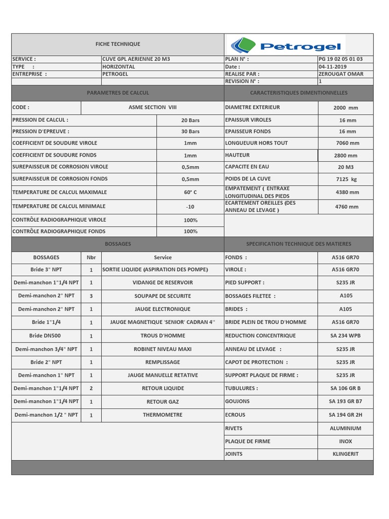 Fiche Technique de Citerne GPL Aerienne 20 m3 | PDF | Science | Science ...
