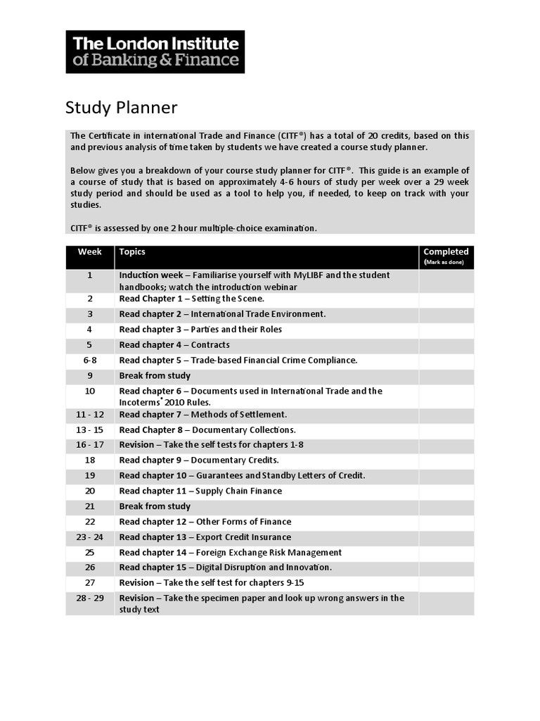 CITF Study Planner 2019 | PDF