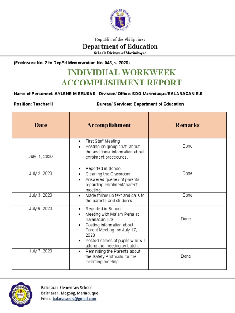 Individual Workweek Accomplishment Report: Department of Education ...