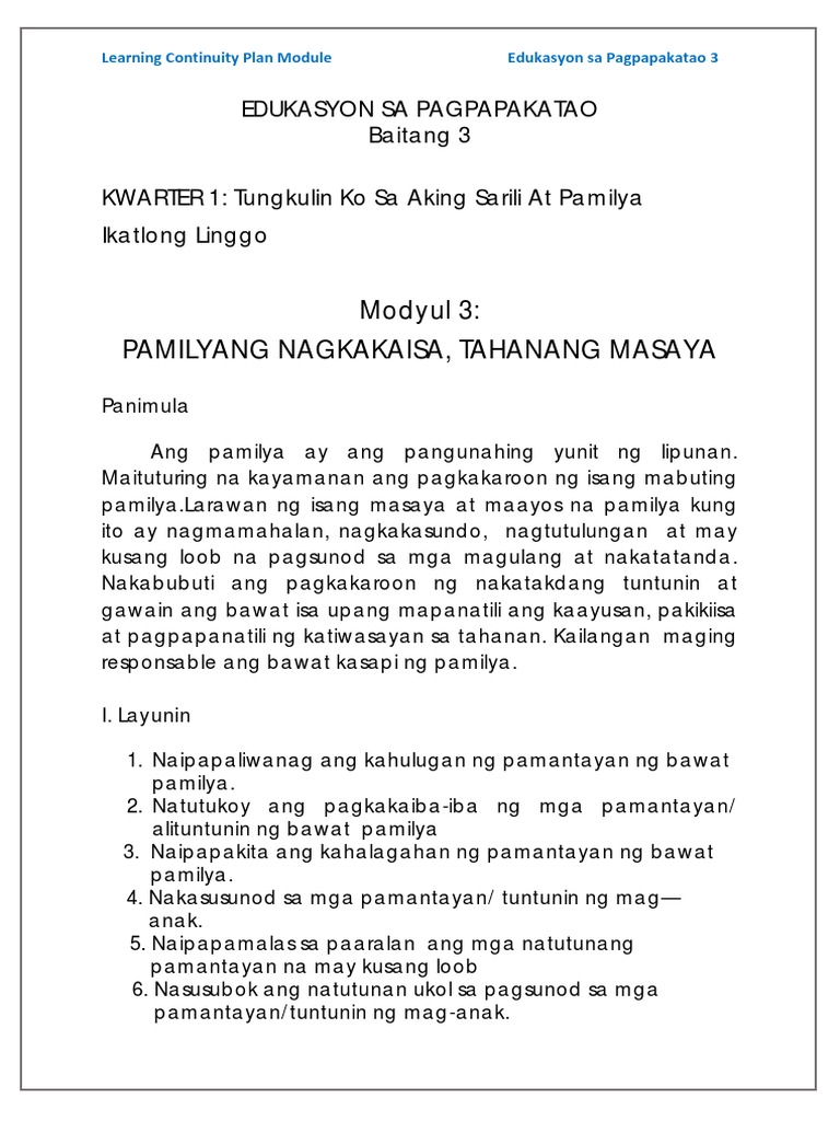 EsP 3 - Q1 - W3 - Mod3 - Pamilyang Nagkakaisa Tahanang Masaya | PDF