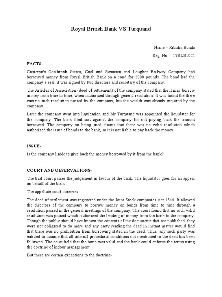 Royal British Bank v. Turquand Summary | PDF | Deed | Lawsuit