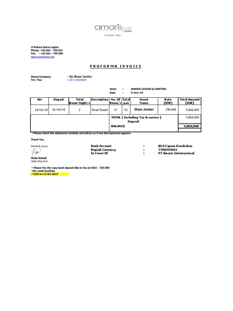 Final Proforma Invoice Ilham Jember (14-16 Oct 19) | PDF