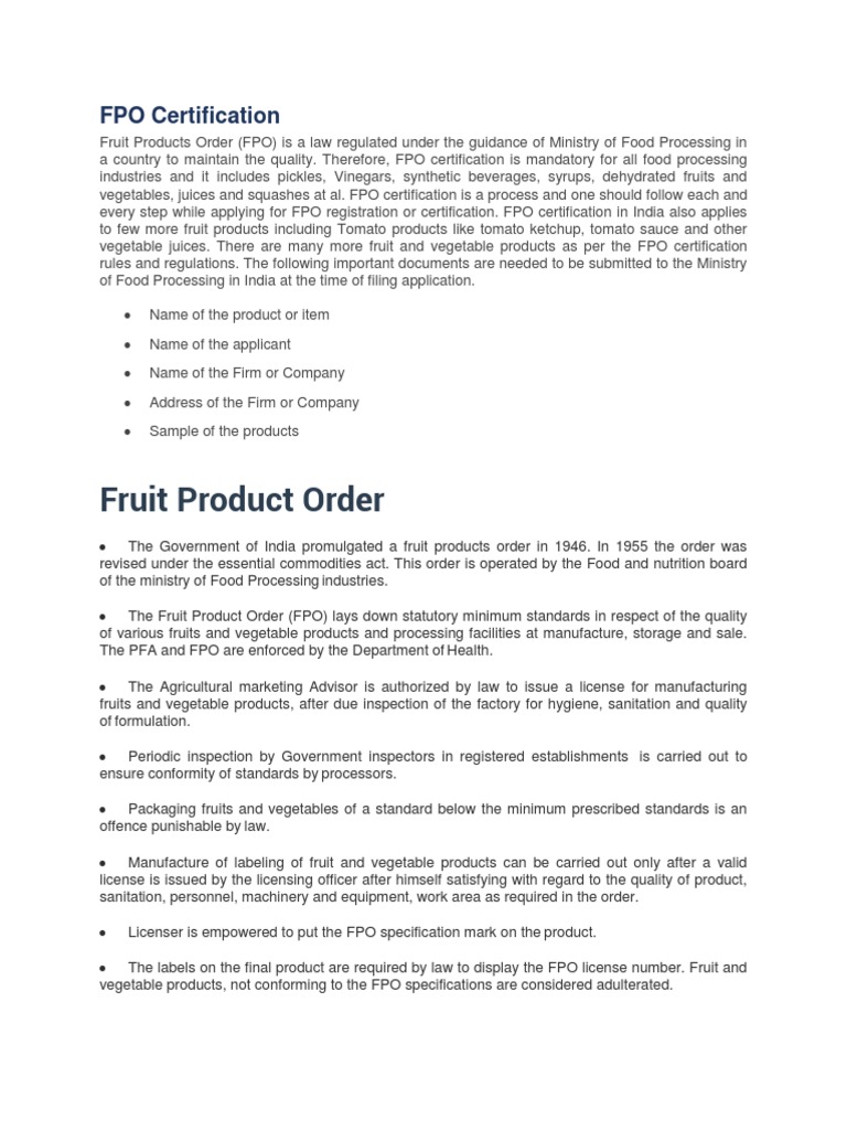 FPO Certification PDF | PDF | Fruit Preserves | Vegetables