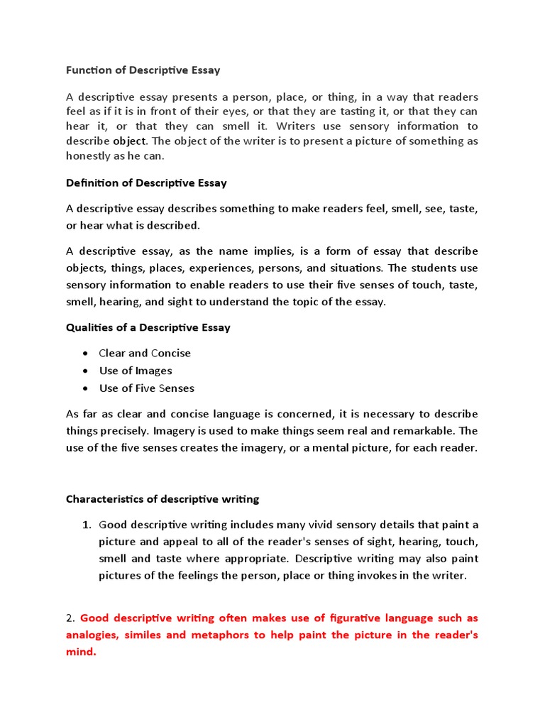 Definition of Descriptive Essay | PDF | Essays | Senses