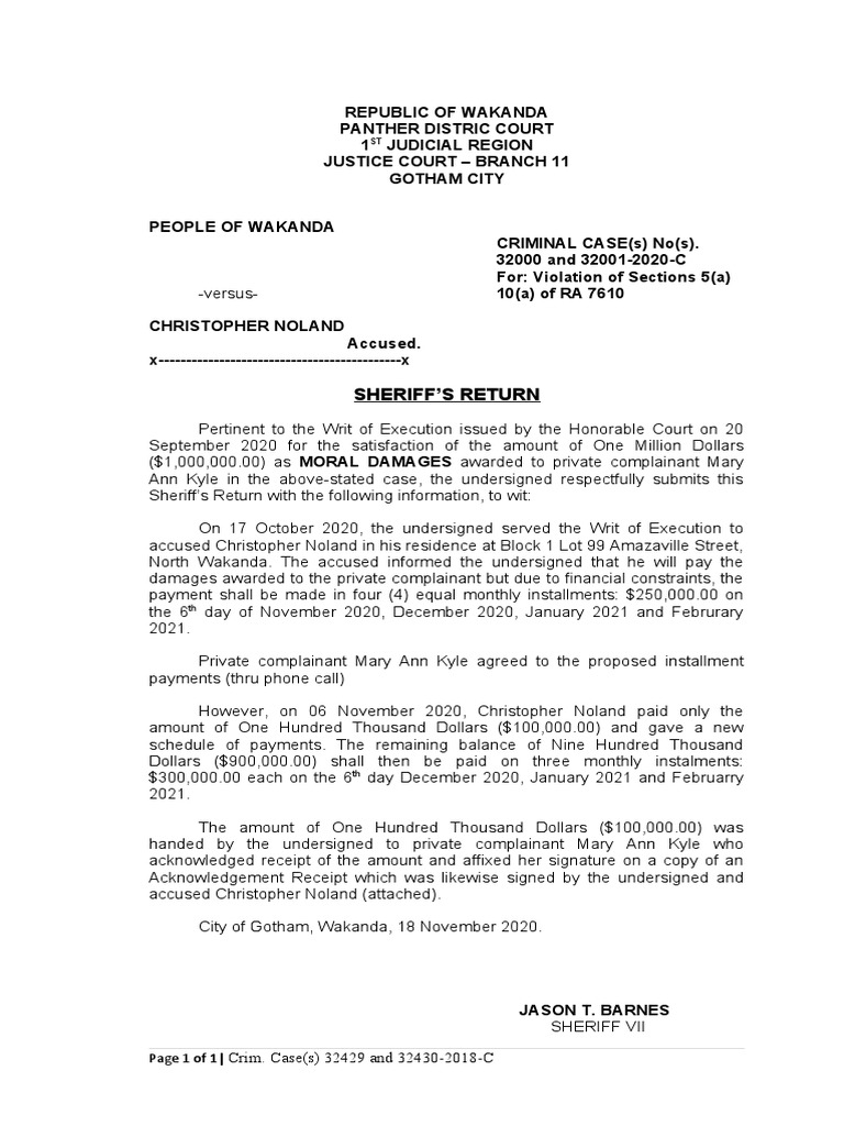 Sample Sheriff's Return Writ of Execution | PDF | Virtue | Common Law