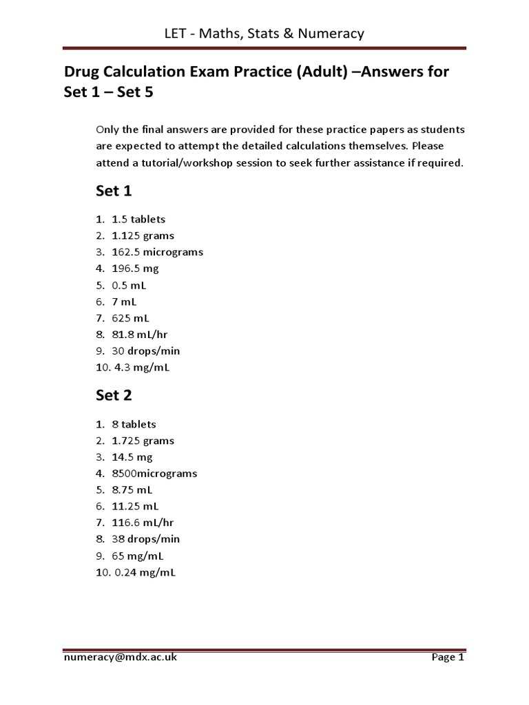 Drug Calculation Exam Practice (Adult) – Answers for Sets 1-5 | PDF