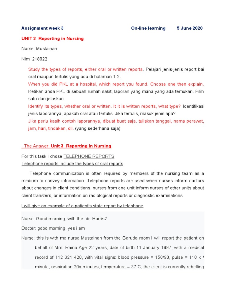 Telephone Report Nursing Assignment | PDF