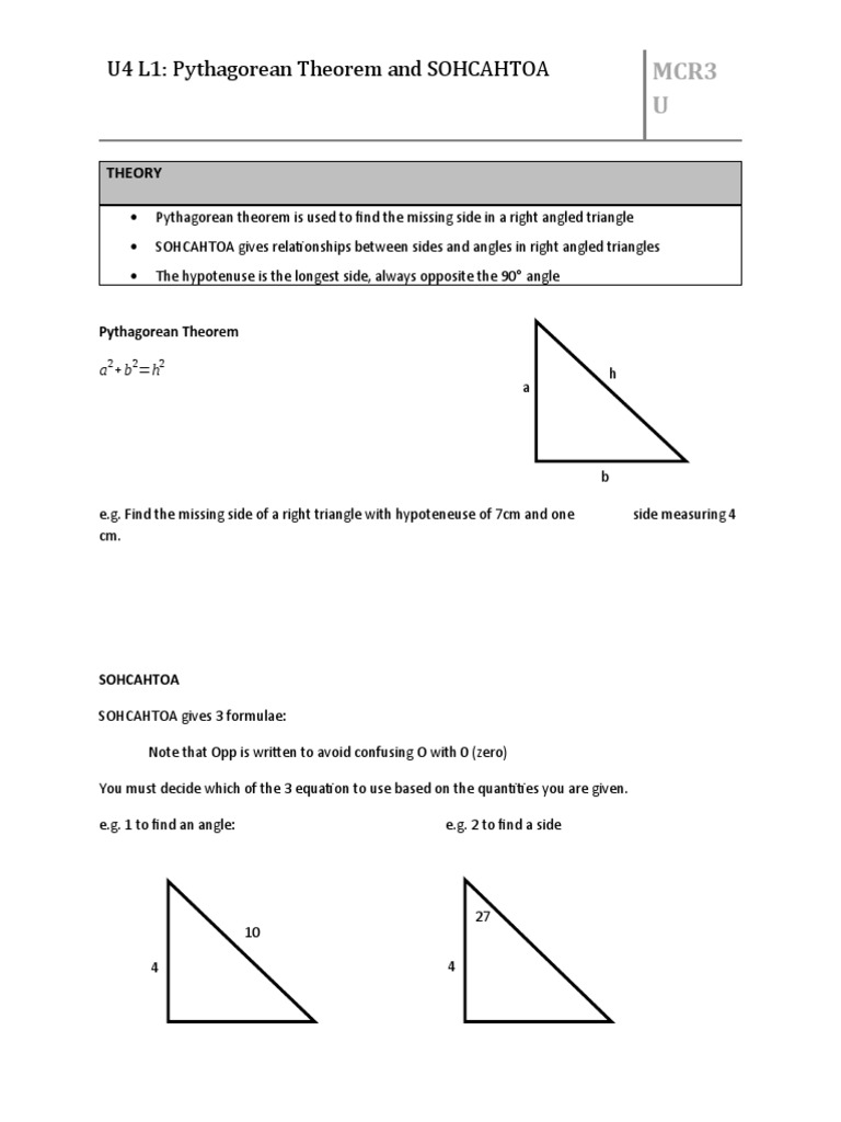 U4 L1: Pythagorean Theorem and SOHCAHTOA | PDF | Euclid | Triangle