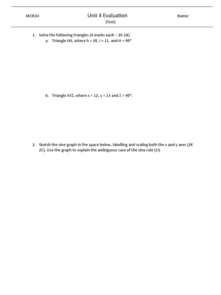 Mcr3u Unit 4 Test Solving Triangles Trigonometric Ratios And The