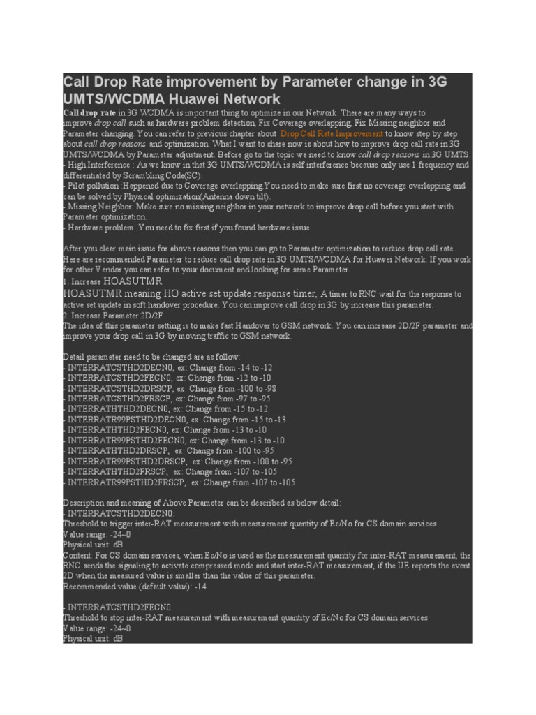 Call Drop Rate Improvement by Parameter Change in 3G UMTS/WCDMA Huawei ...