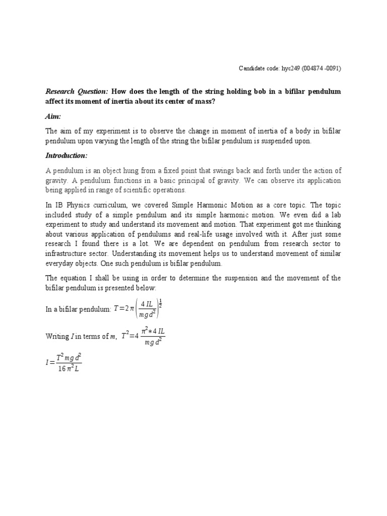 Research Question: How Does The Length of The String Holding Bob in A ...